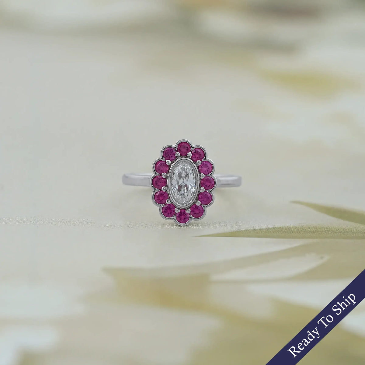 Old Mine Oval Cut Pink Halo Floral Engagement Ring — Ouros Jewels